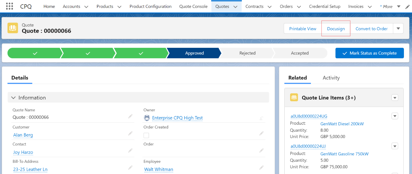 Send the Quotes to Customer to sign the Contracts using DocuSign ...