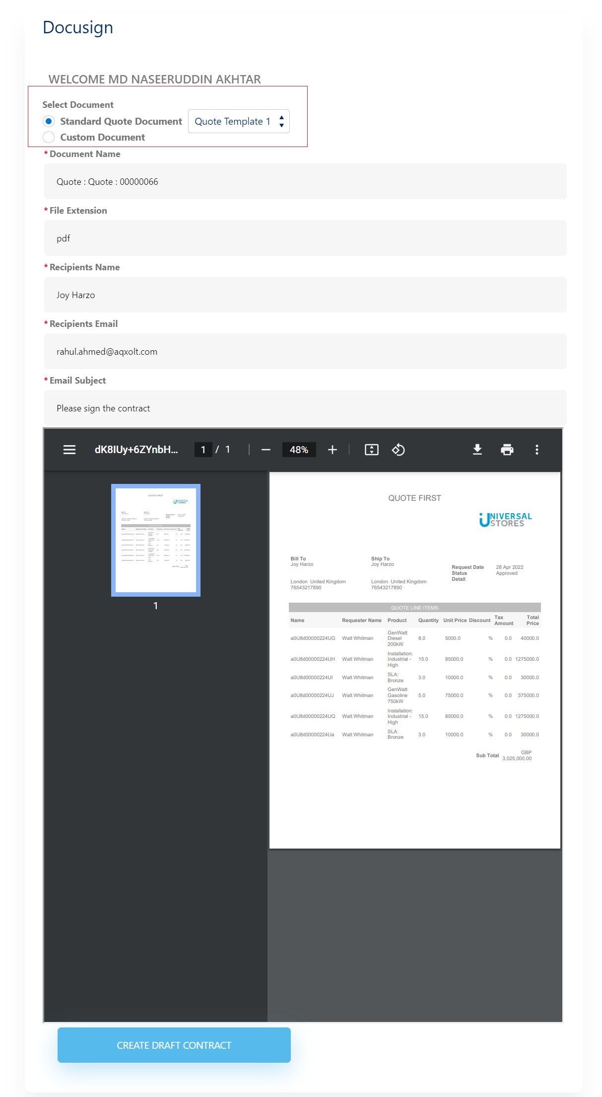 Send the Quotes to Customer to sign the Contracts using DocuSign ...